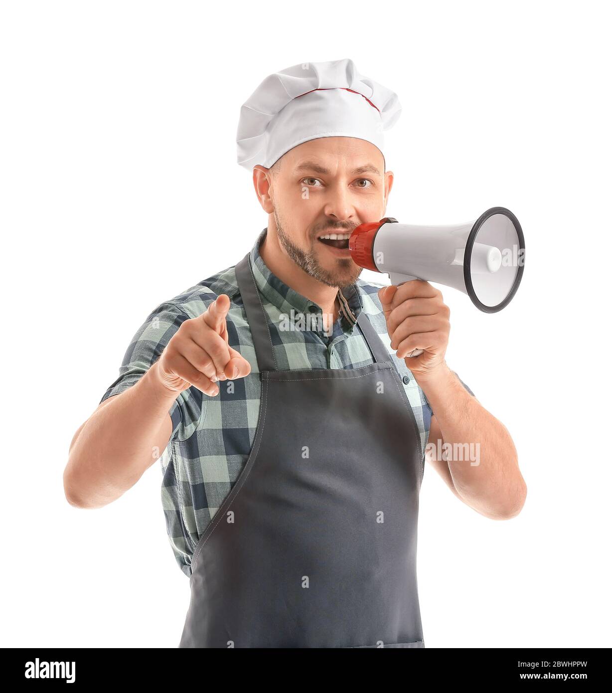 Portrait of male chef with megaphone on white background Stock Photo ...