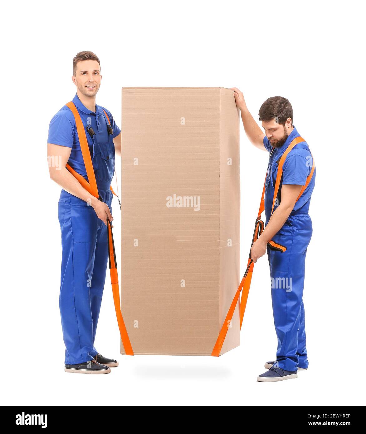 Loaders using cargo belts for carrying big box on white background ...