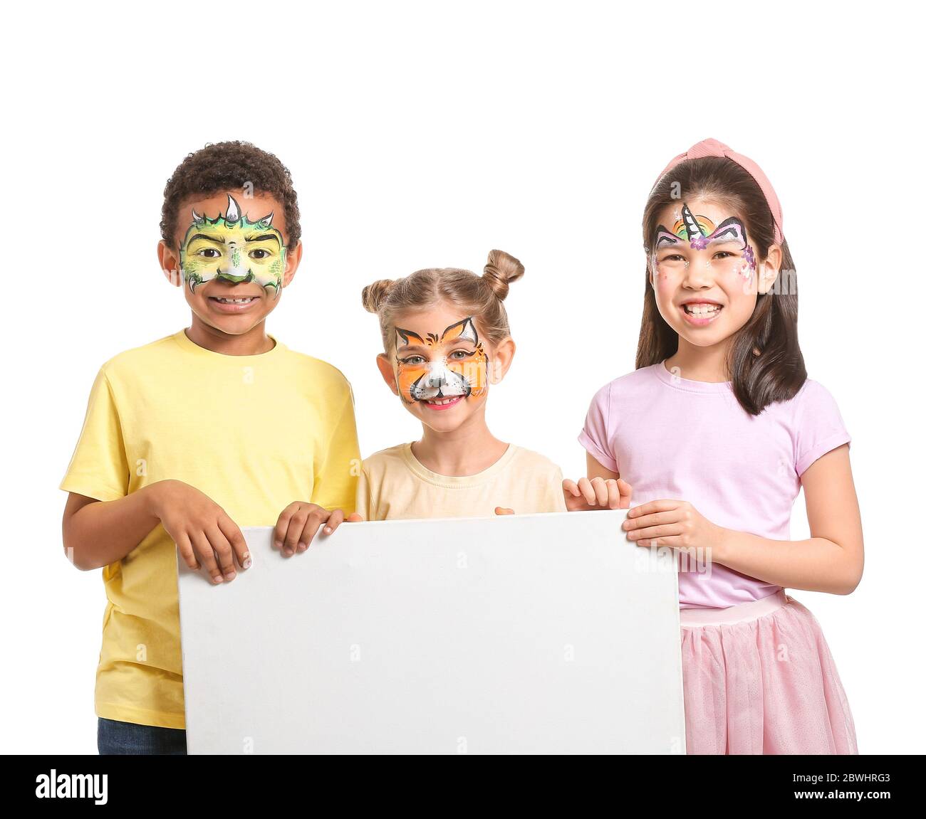 Funny children with face painting and blank poster on white background ...