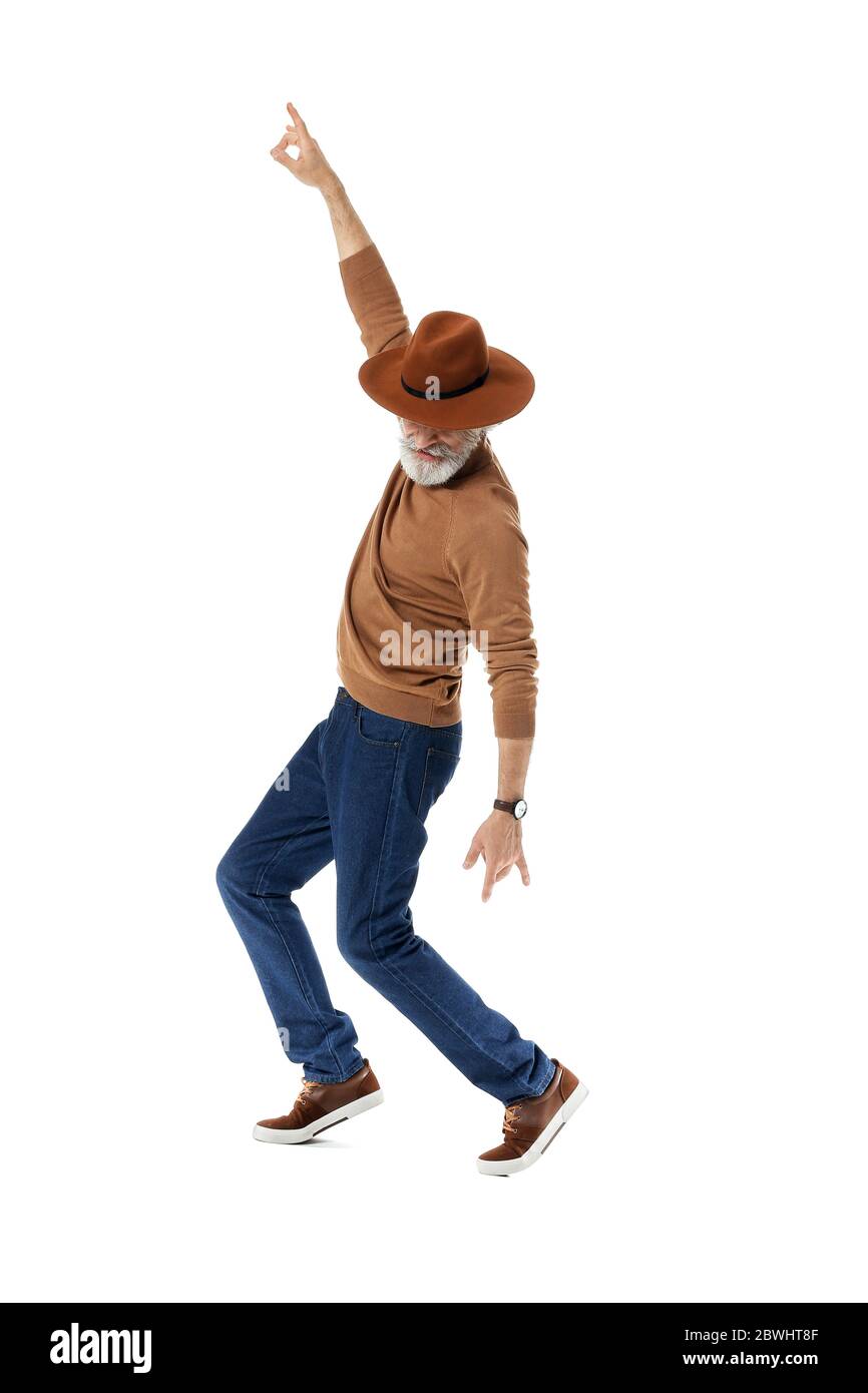Cool senior man dancing against white background Stock Photo - Alamy