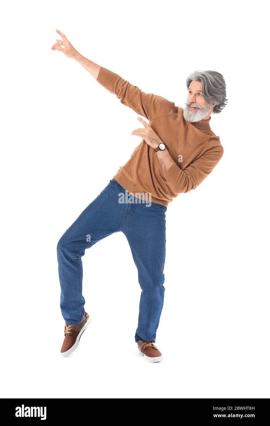 Cool senior man dancing against white background Stock Photo - Alamy