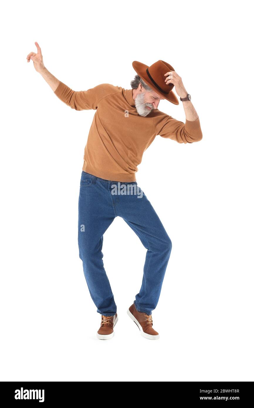 Cool senior man dancing against white background Stock Photo - Alamy