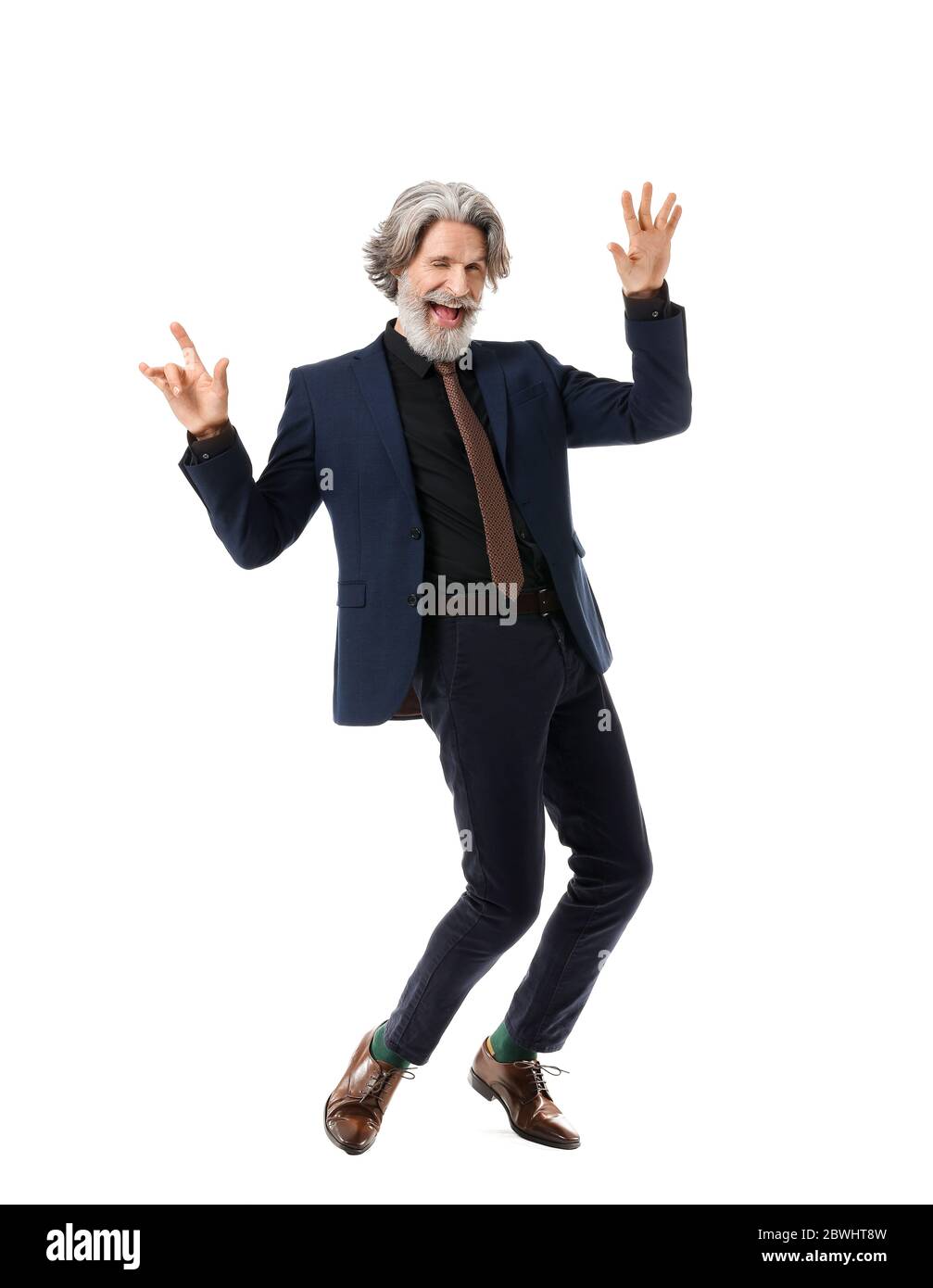 Cool senior man dancing against white background Stock Photo - Alamy