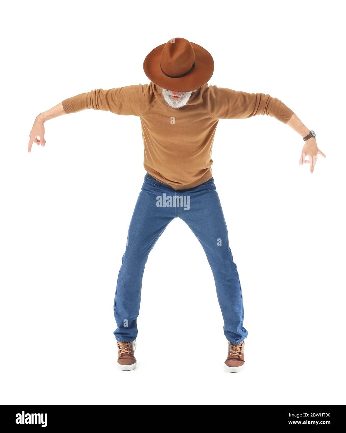 Cool senior man dancing against white background Stock Photo - Alamy