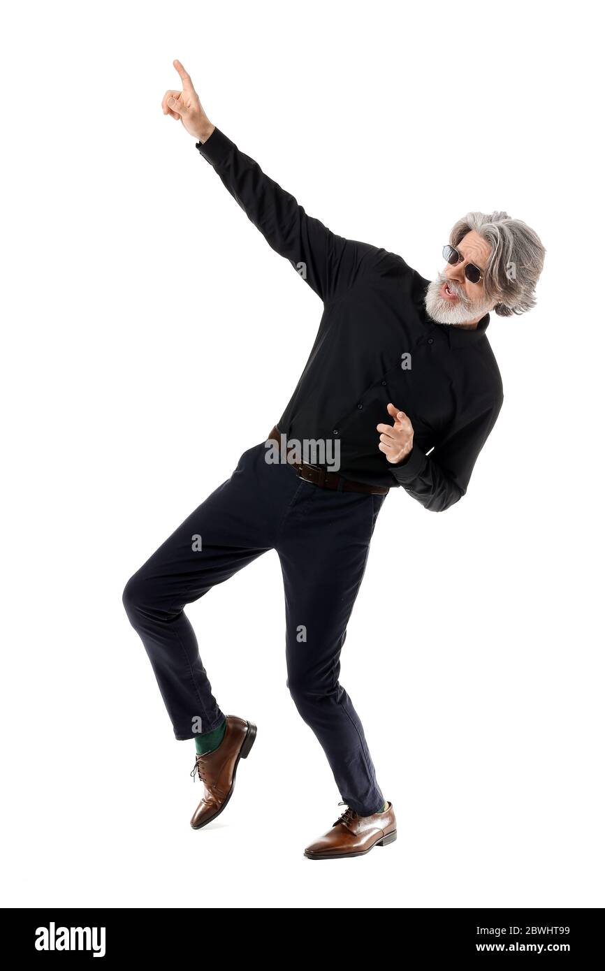 Cool senior man dancing against white background Stock Photo - Alamy