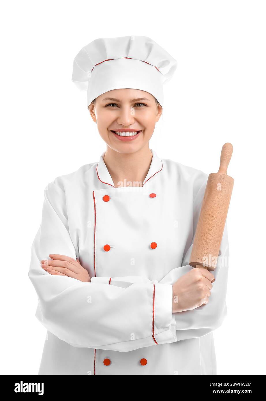 Beautiful female chef on white background Stock Photo - Alamy