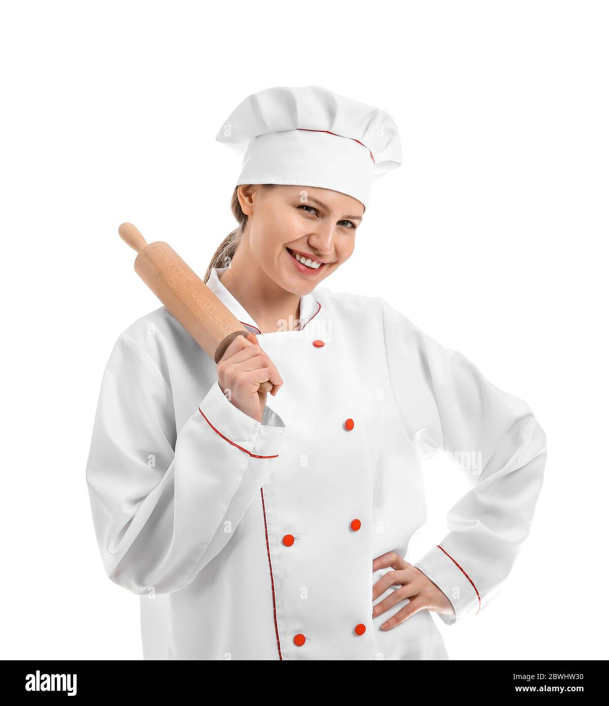 Beautiful female chef on white background Stock Photo - Alamy