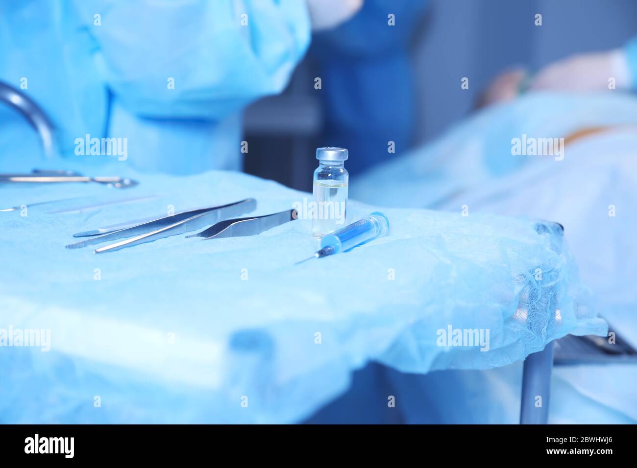 Set of surgical instruments and medicines on table in clinic Stock ...