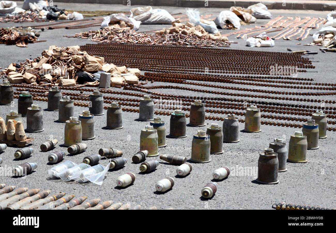 Damascus, Syria. 1st June, 2020. Confiscated weapons are shown in a ...