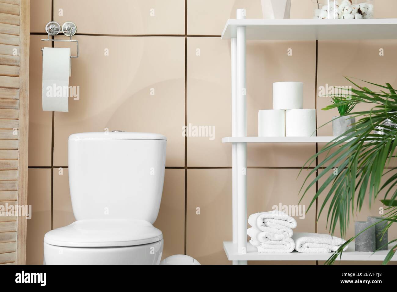 Toilet bowl and rolls of paper in restroom Stock Photo - Alamy