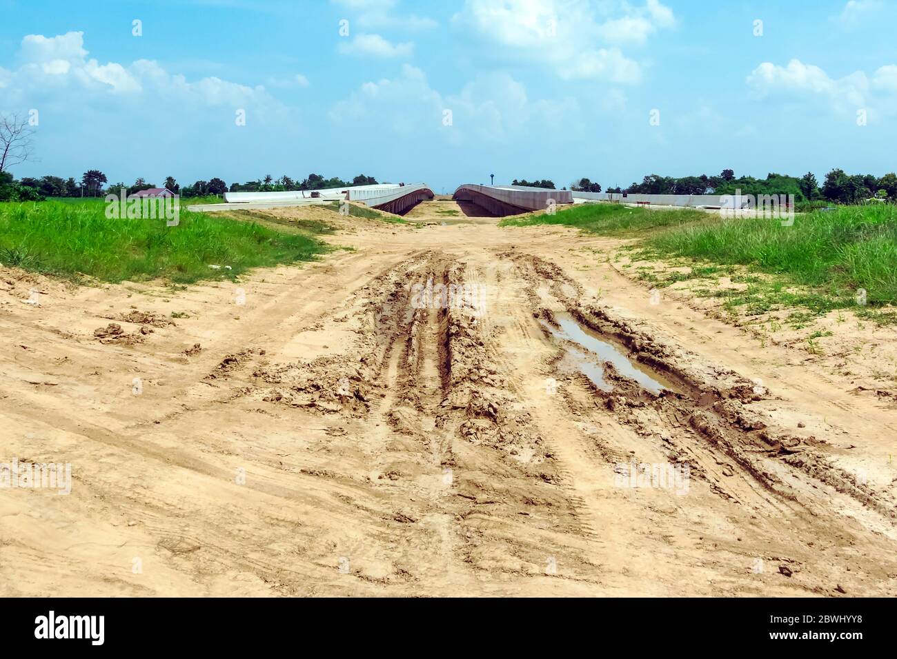 Unfinished of construction of the large concrete bridge of the motorway ...