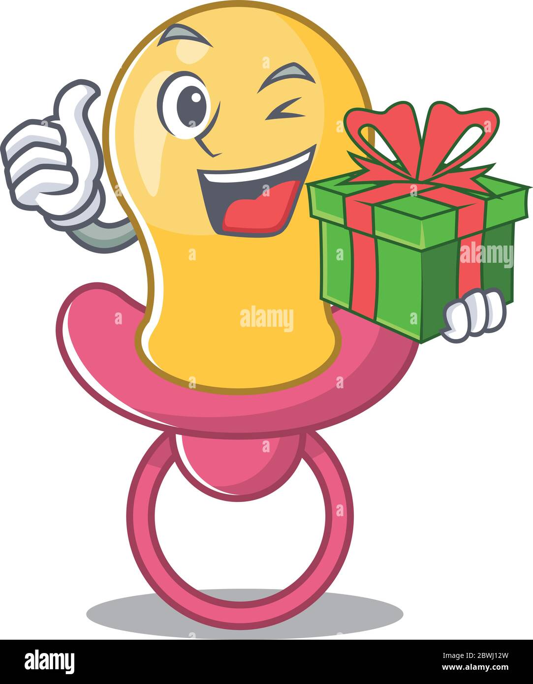 joyful baby pacifier cartoon character with a big gift box Stock Vector ...