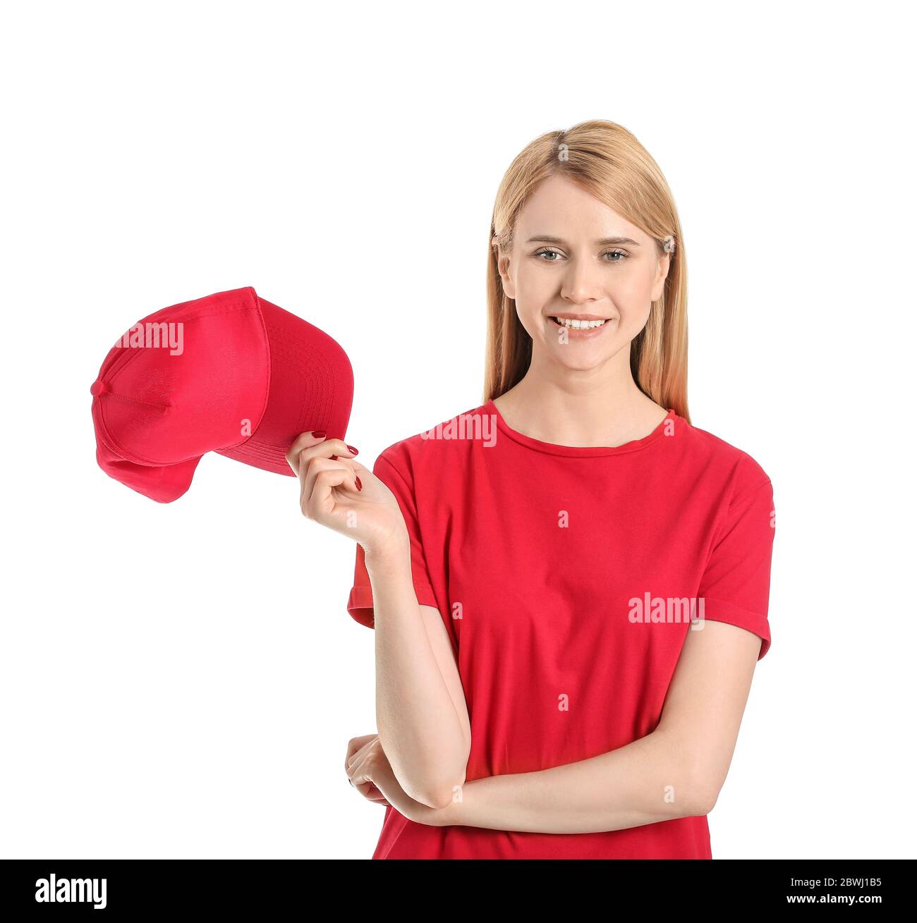 Beautiful young woman with stylish cap on white background Stock Photo ...