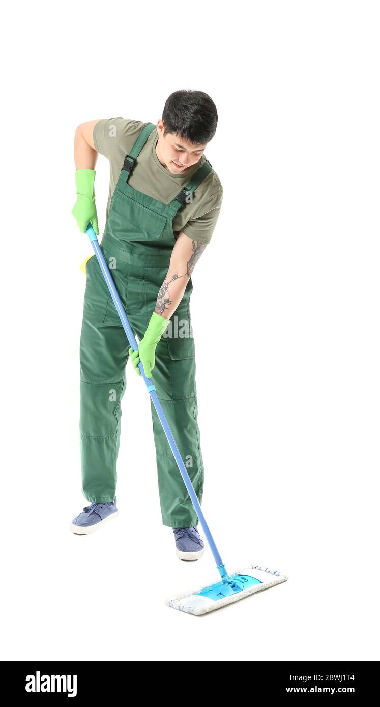 Male janitor with mop on white background Stock Photo - Alamy