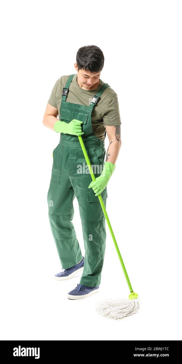 Male janitor with mop on white background Stock Photo - Alamy