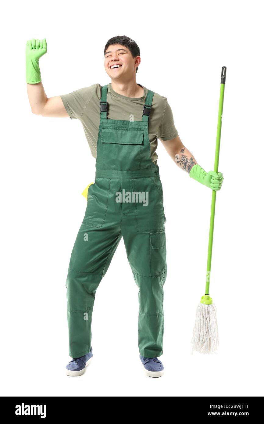 Male janitor with mop having fun on white background Stock Photo - Alamy