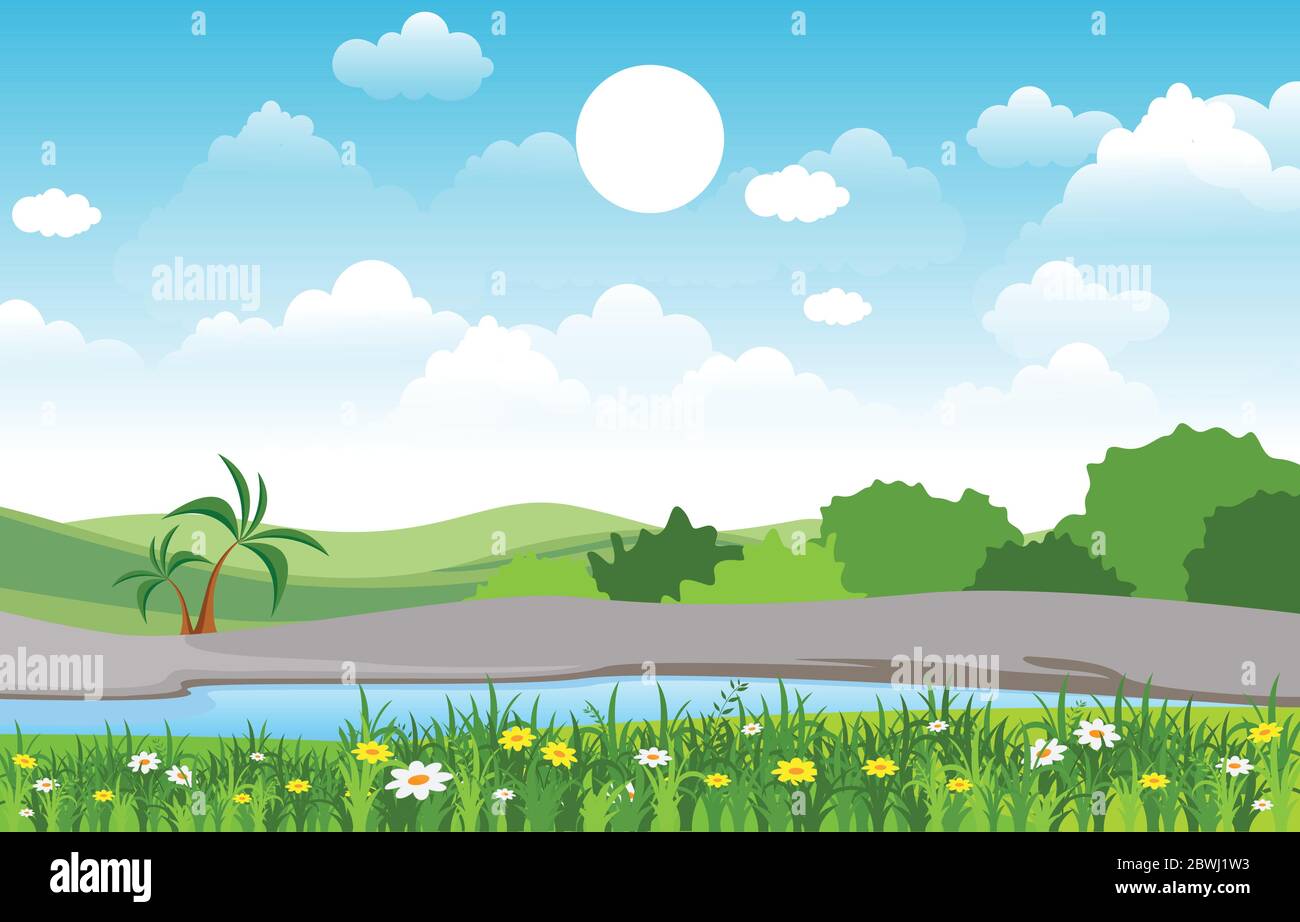 Summer Spring Green Valley Bright Sun Outdoor Landscape Illustration ...