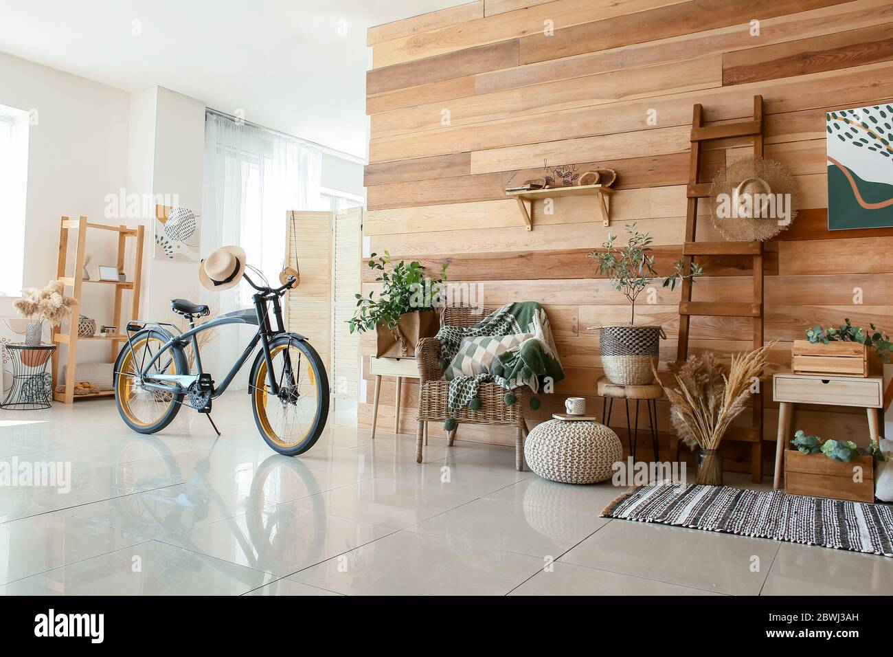 Interior of modern room with bicycle Stock Photo - Alamy