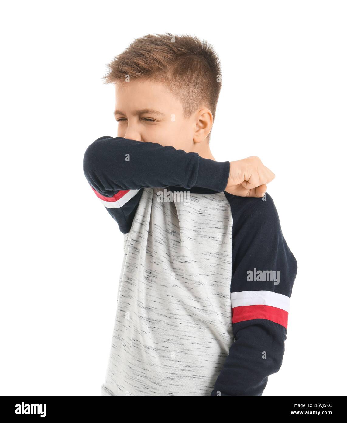 Ill coughing little boy on white background Stock Photo - Alamy