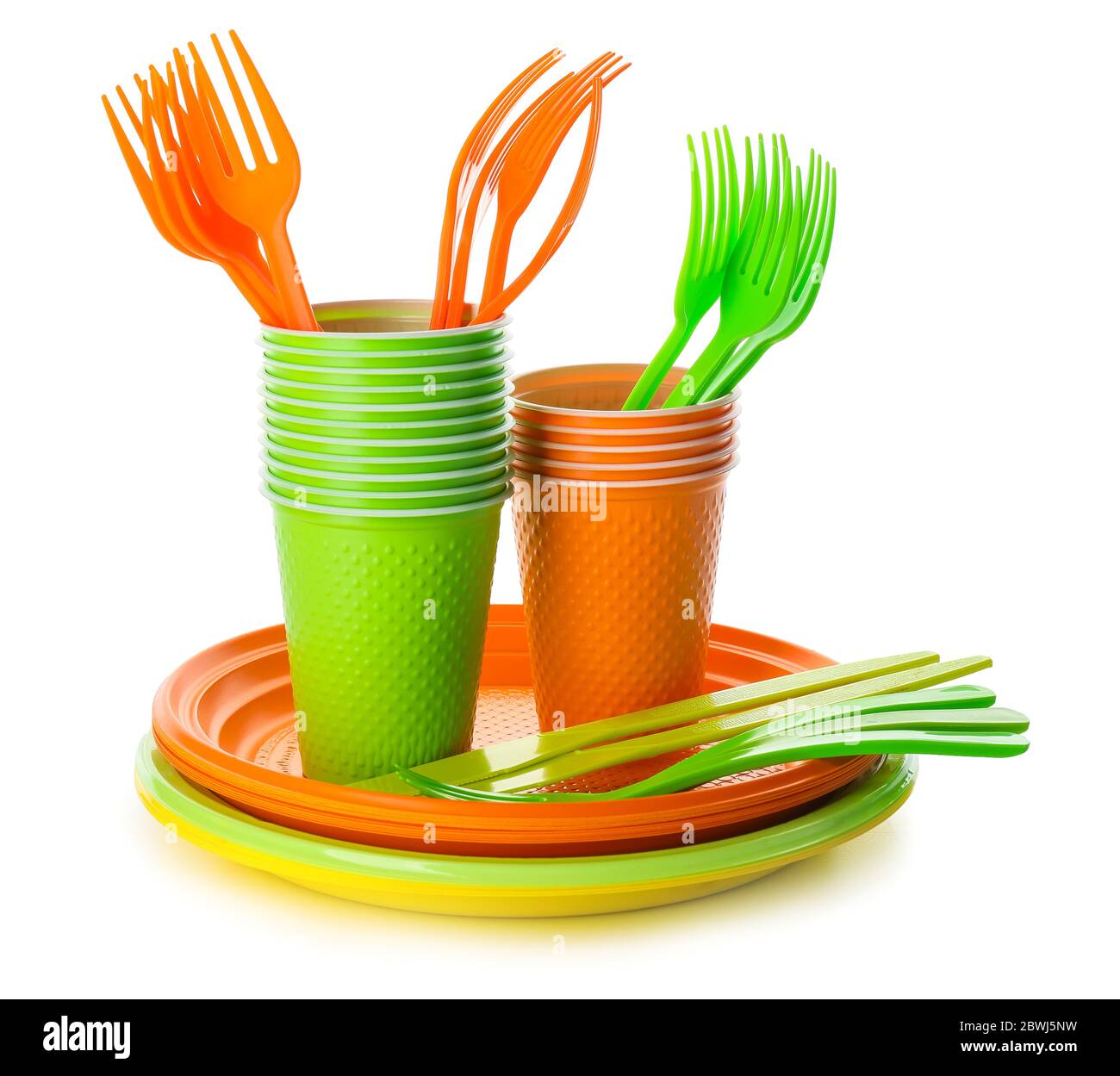 Set of plastic tableware on white background Stock Photo - Alamy