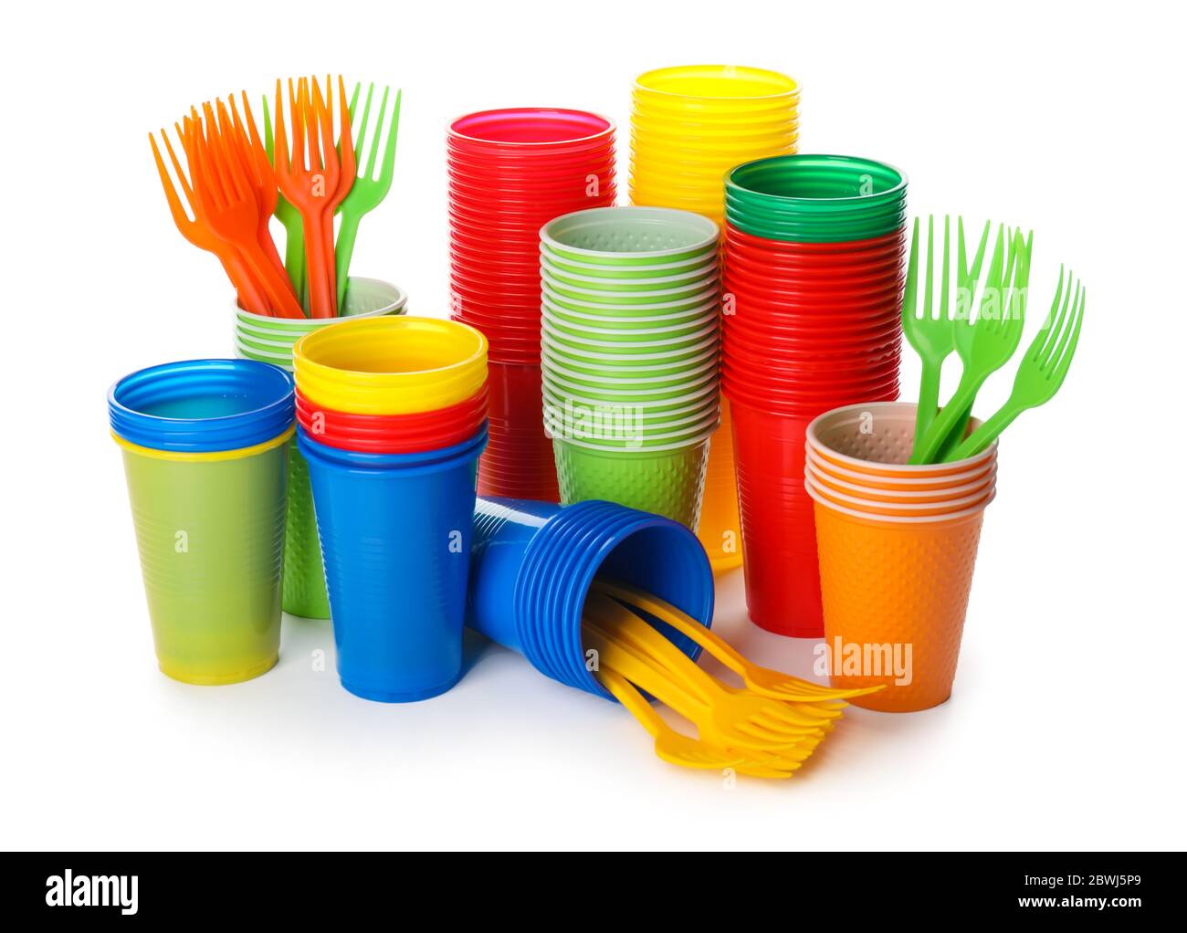 Set of plastic tableware on white background Stock Photo - Alamy