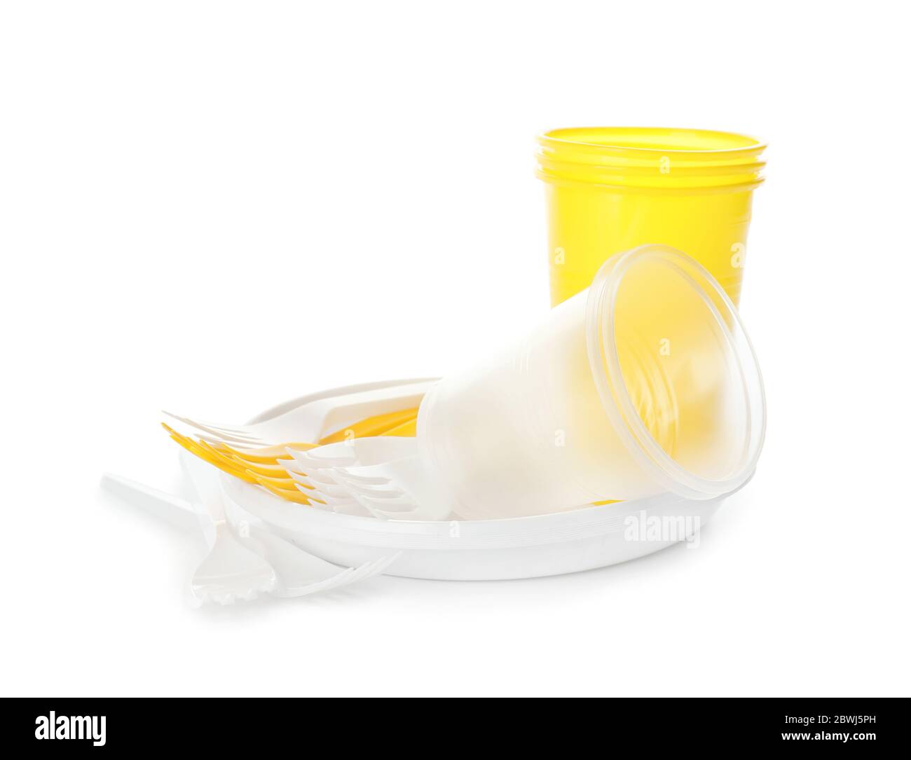 Set of plastic tableware on white background Stock Photo - Alamy