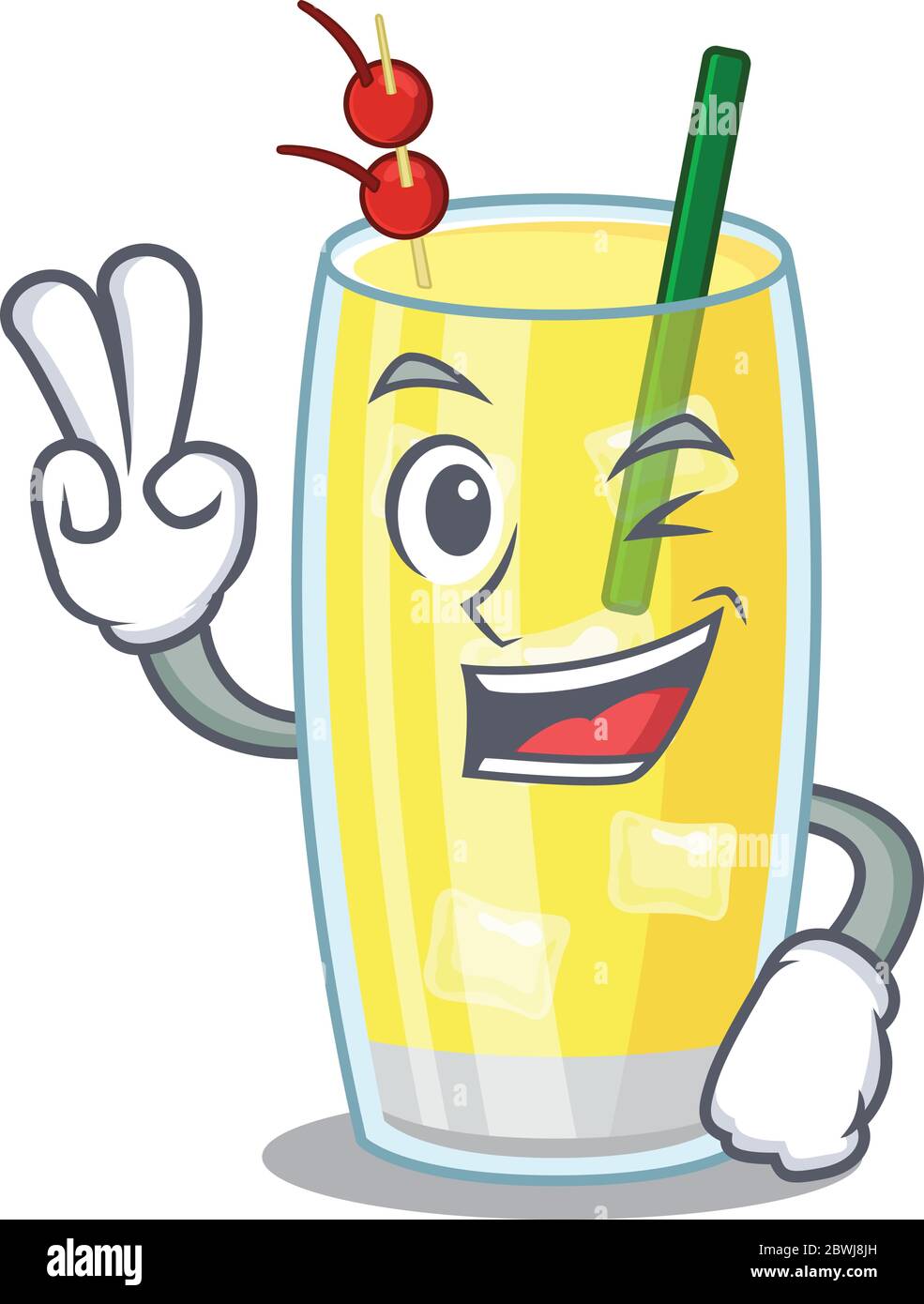 Happy pina colada cocktail cartoon design concept show two fingers ...