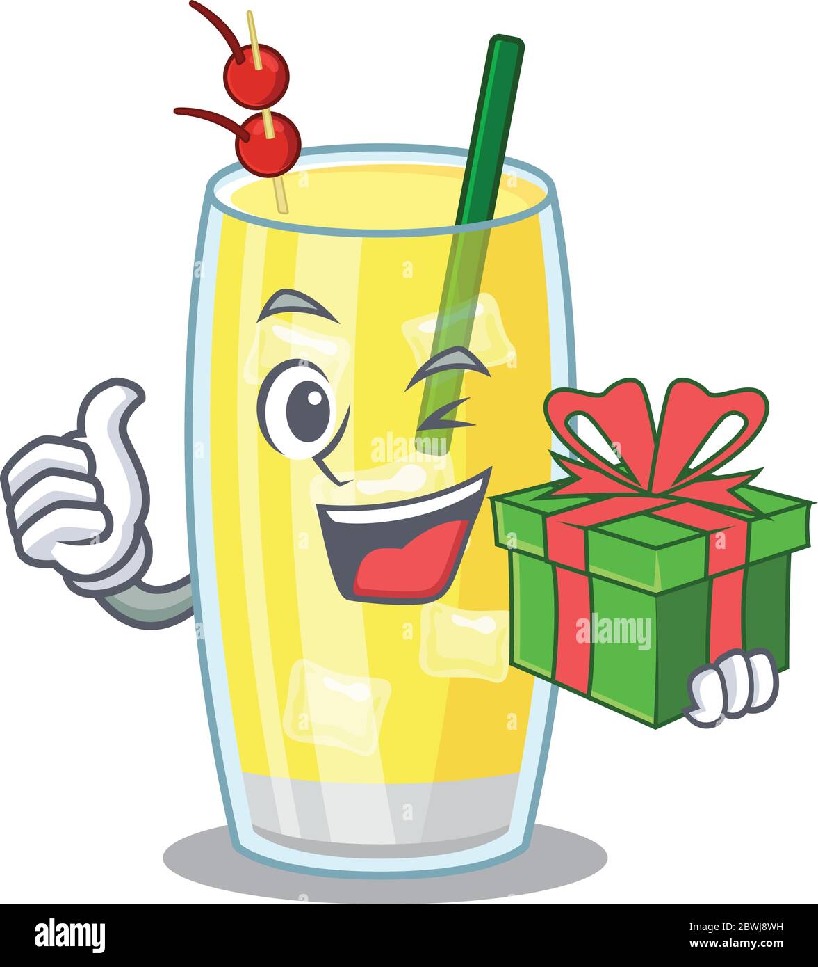 joyful pina colada cocktail cartoon character with a big gift box Stock ...