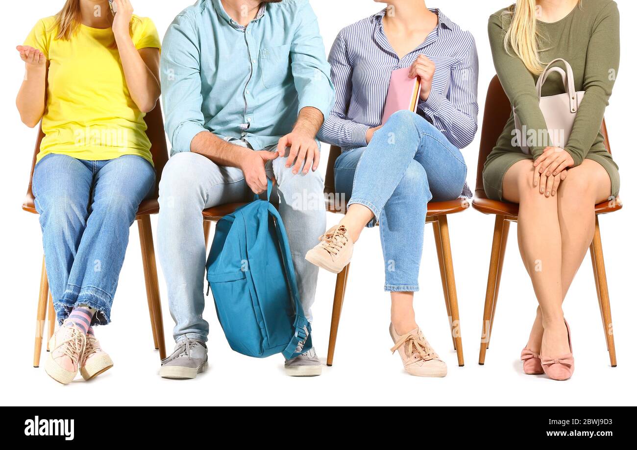 People waiting in line on white background Stock Photo - Alamy