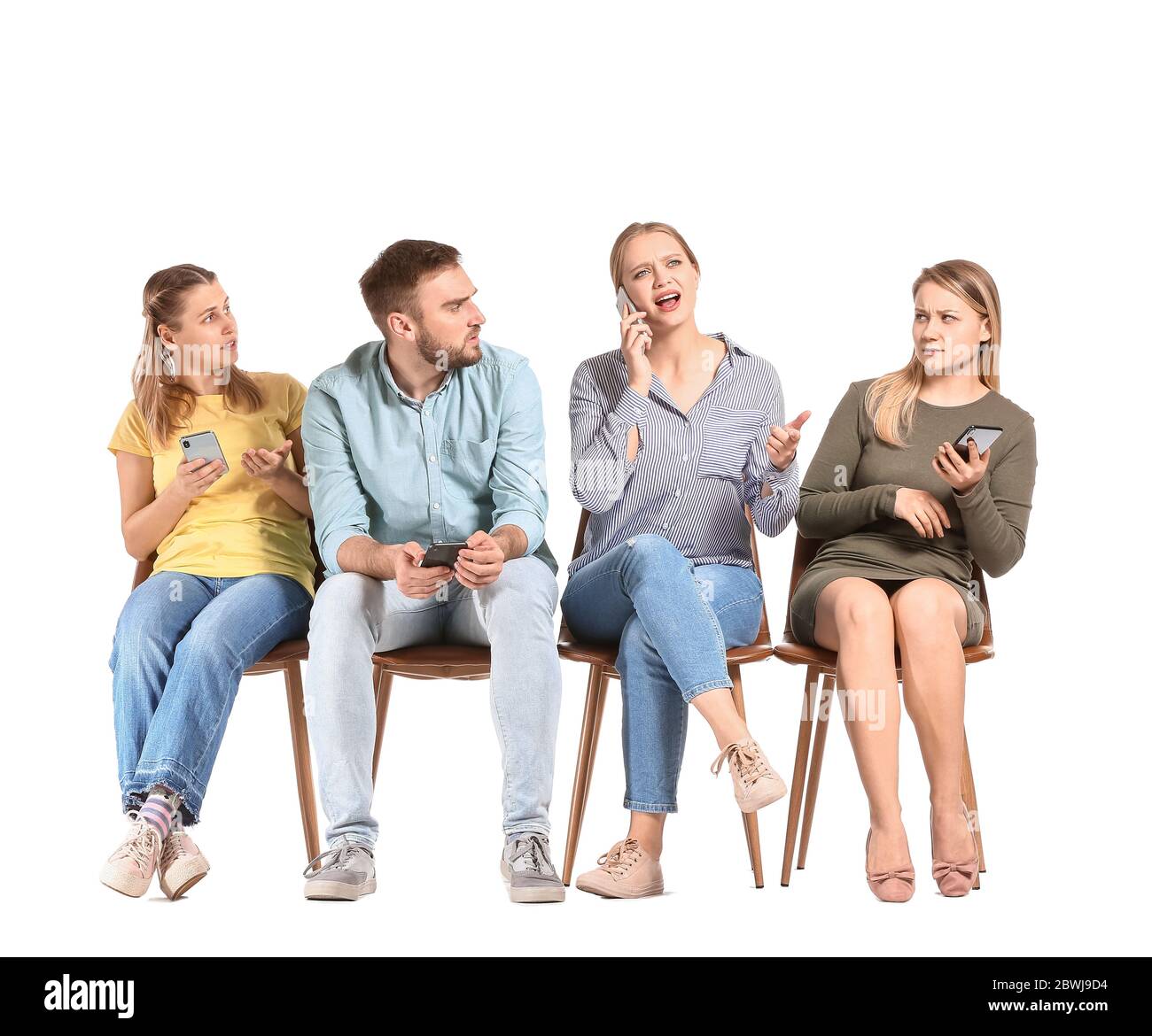 People waiting in line on white background Stock Photo - Alamy