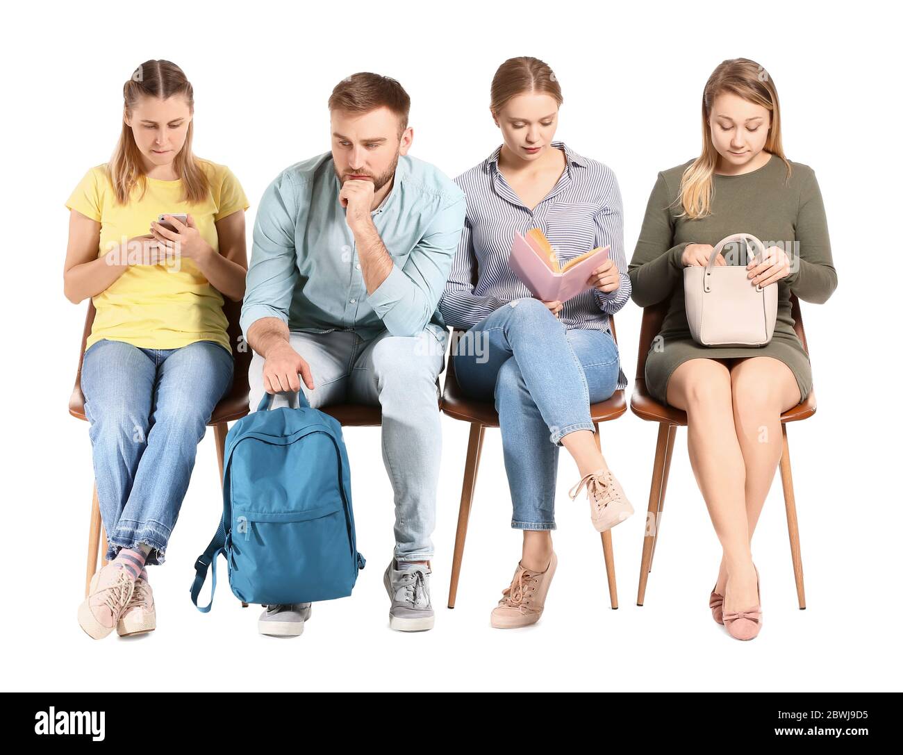 People waiting in line on white background Stock Photo - Alamy