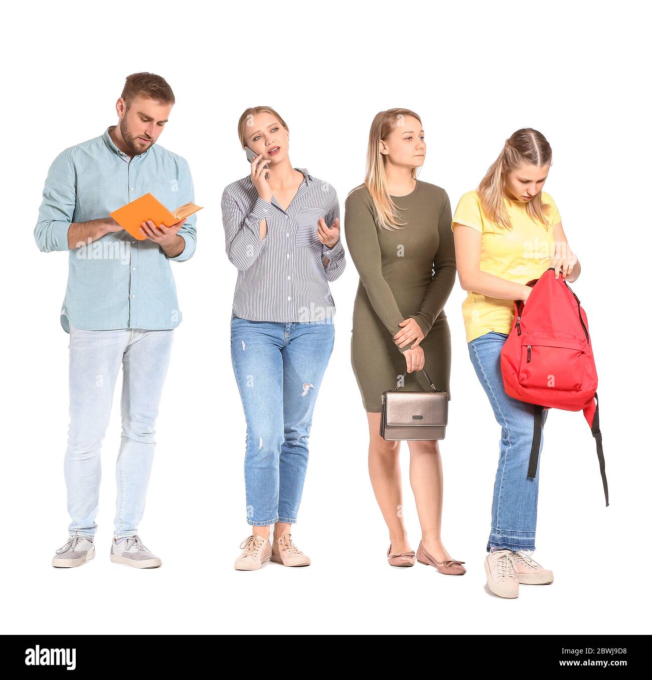 People waiting in line on white background Stock Photo - Alamy