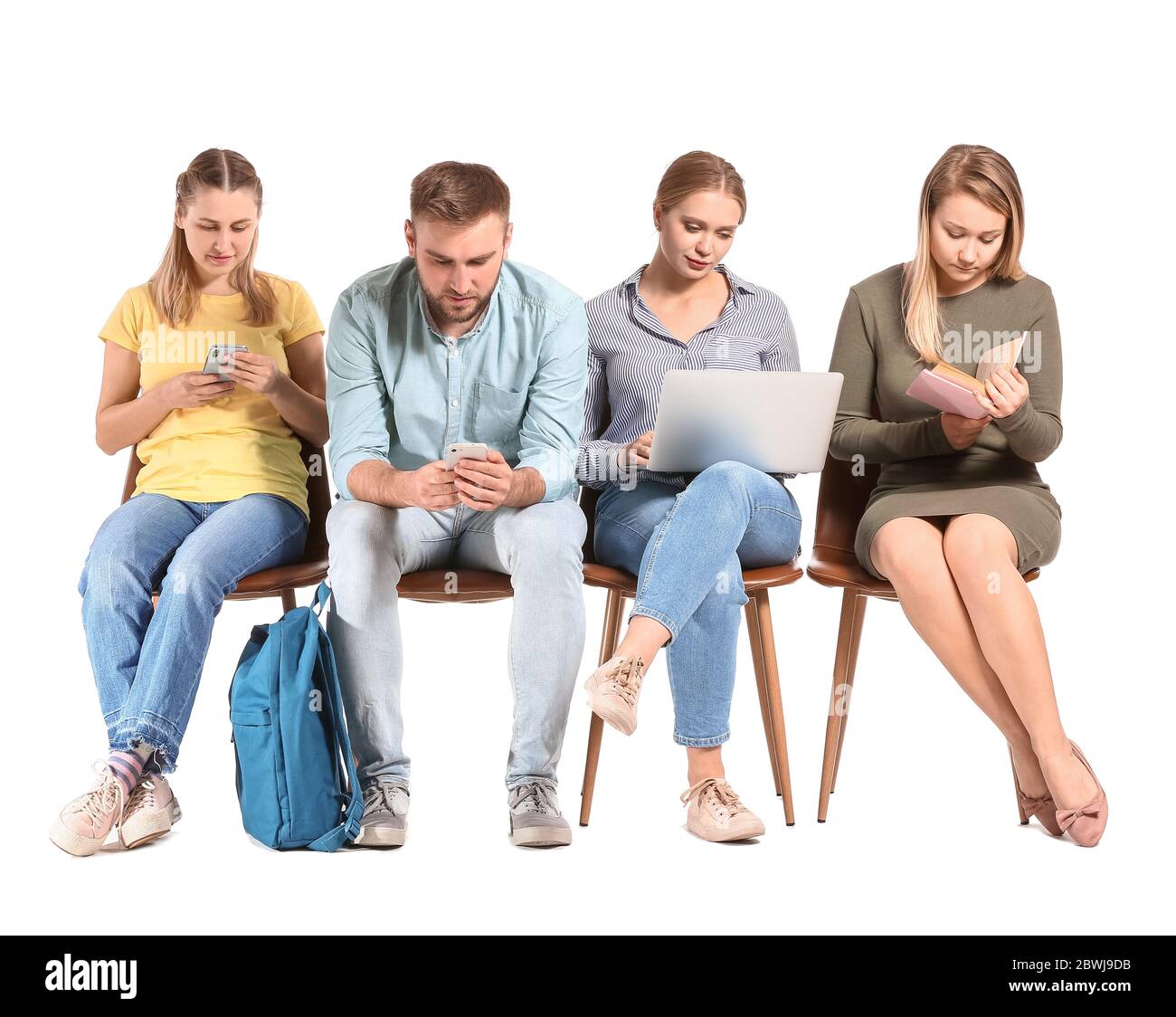 People waiting in line on white background Stock Photo - Alamy