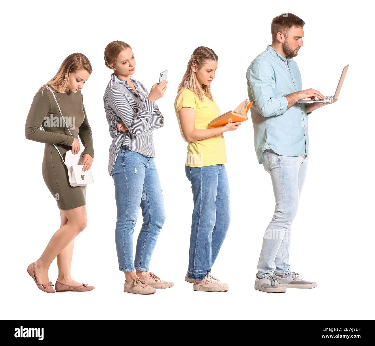 People waiting in line on white background Stock Photo - Alamy