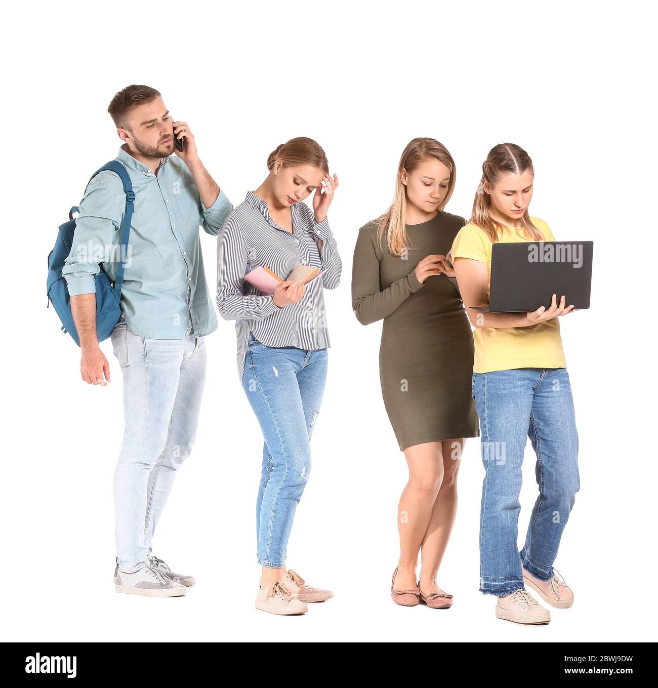 People waiting in line on white background Stock Photo - Alamy