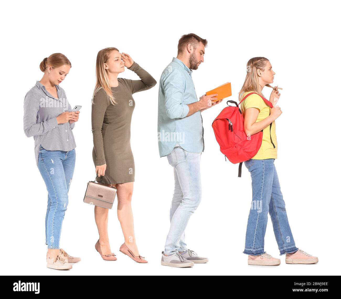 People waiting in line on white background Stock Photo - Alamy