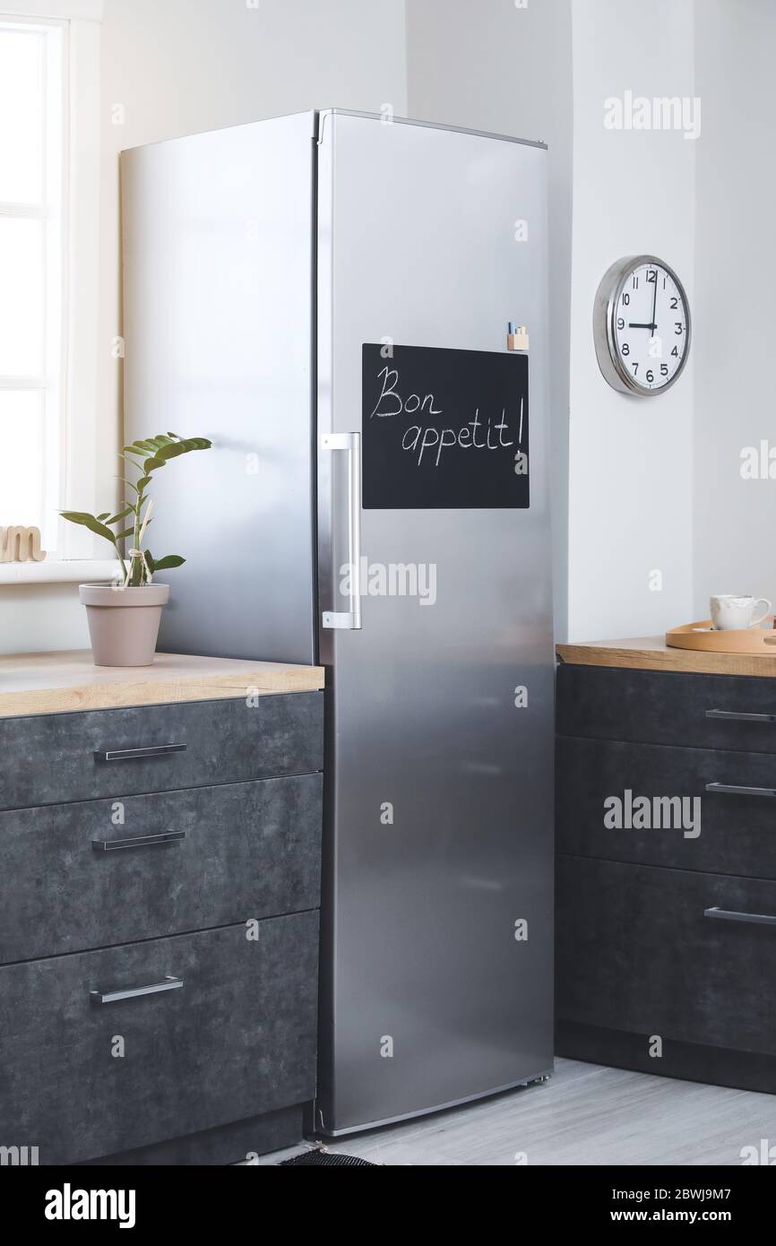 Stylish interior of modern kitchen with big refrigerator Stock Photo ...