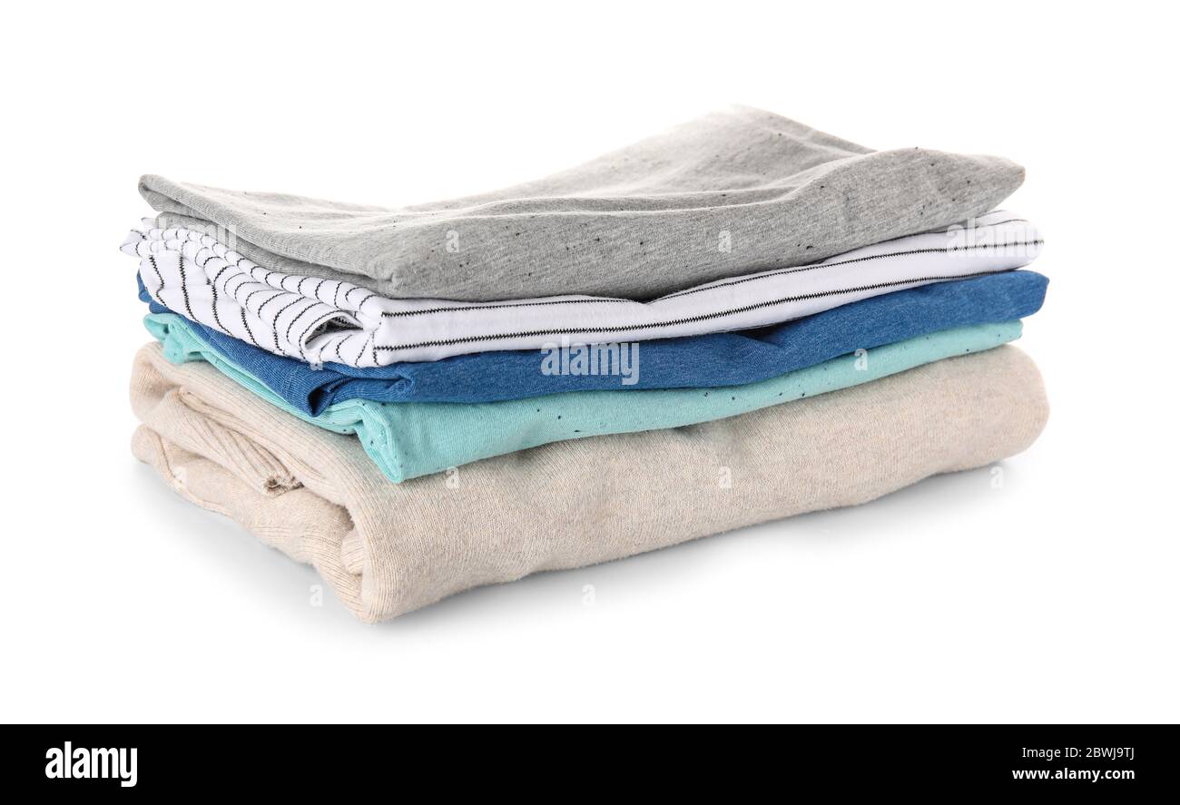 Stack of clean clothes on white background Stock Photo - Alamy