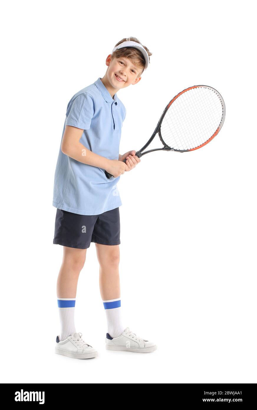 Cute little boy with tennis racket on white background Stock Photo - Alamy