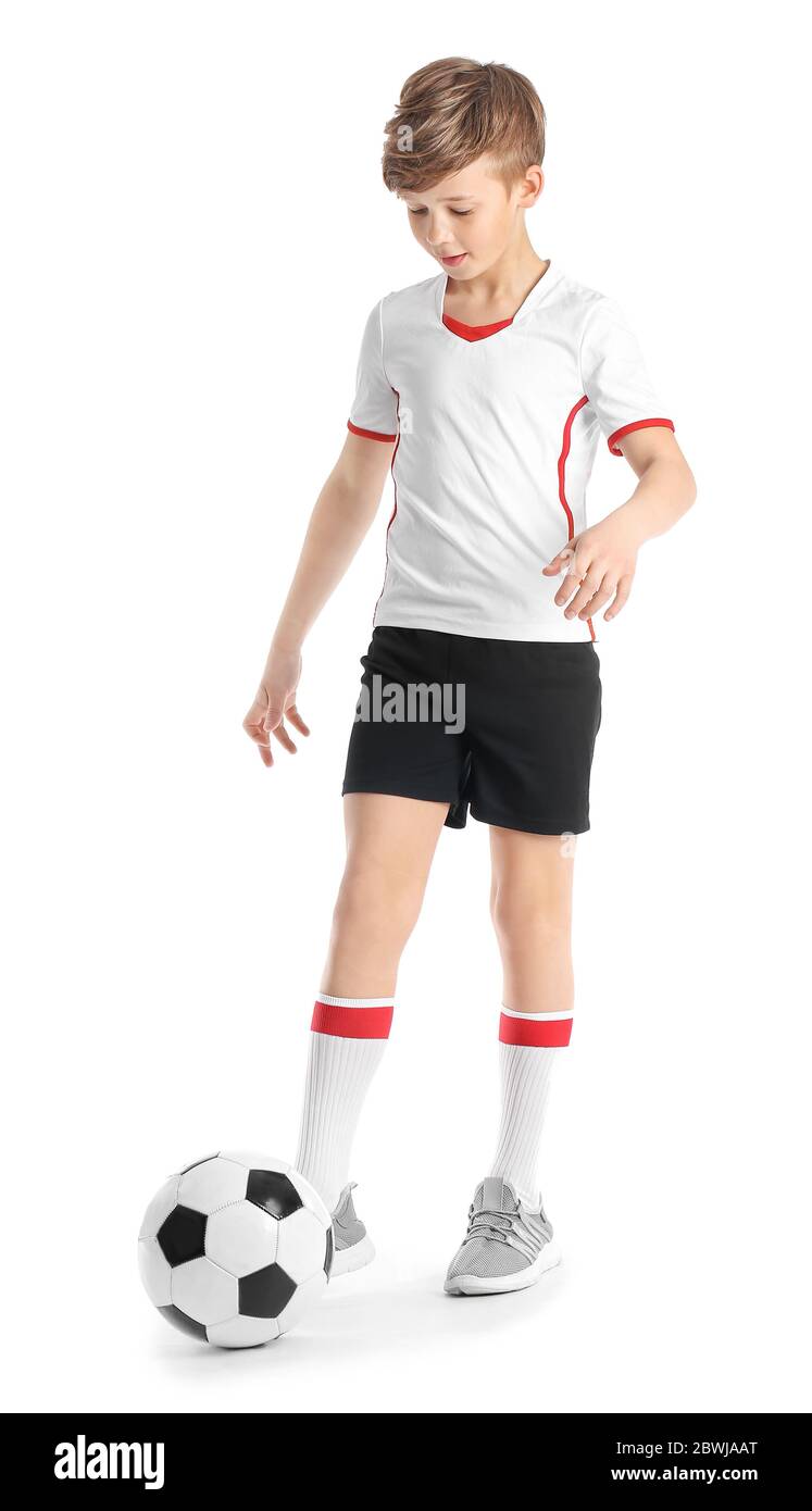 Cute little football player on white background Stock Photo - Alamy