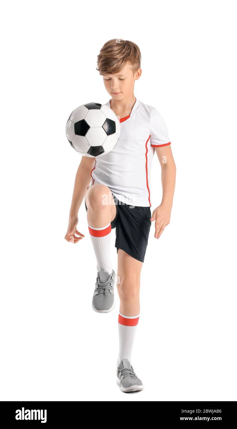 Cute little football player on white background Stock Photo - Alamy