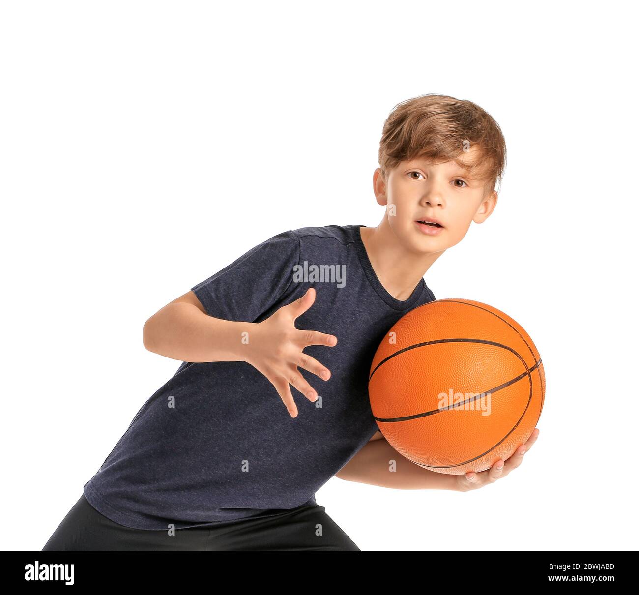 Cute little basketball player on white background Stock Photo - Alamy