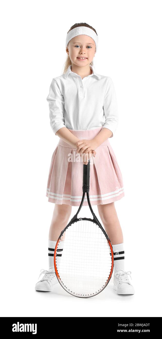 Cute little girl with tennis racket on white background Stock Photo - Alamy