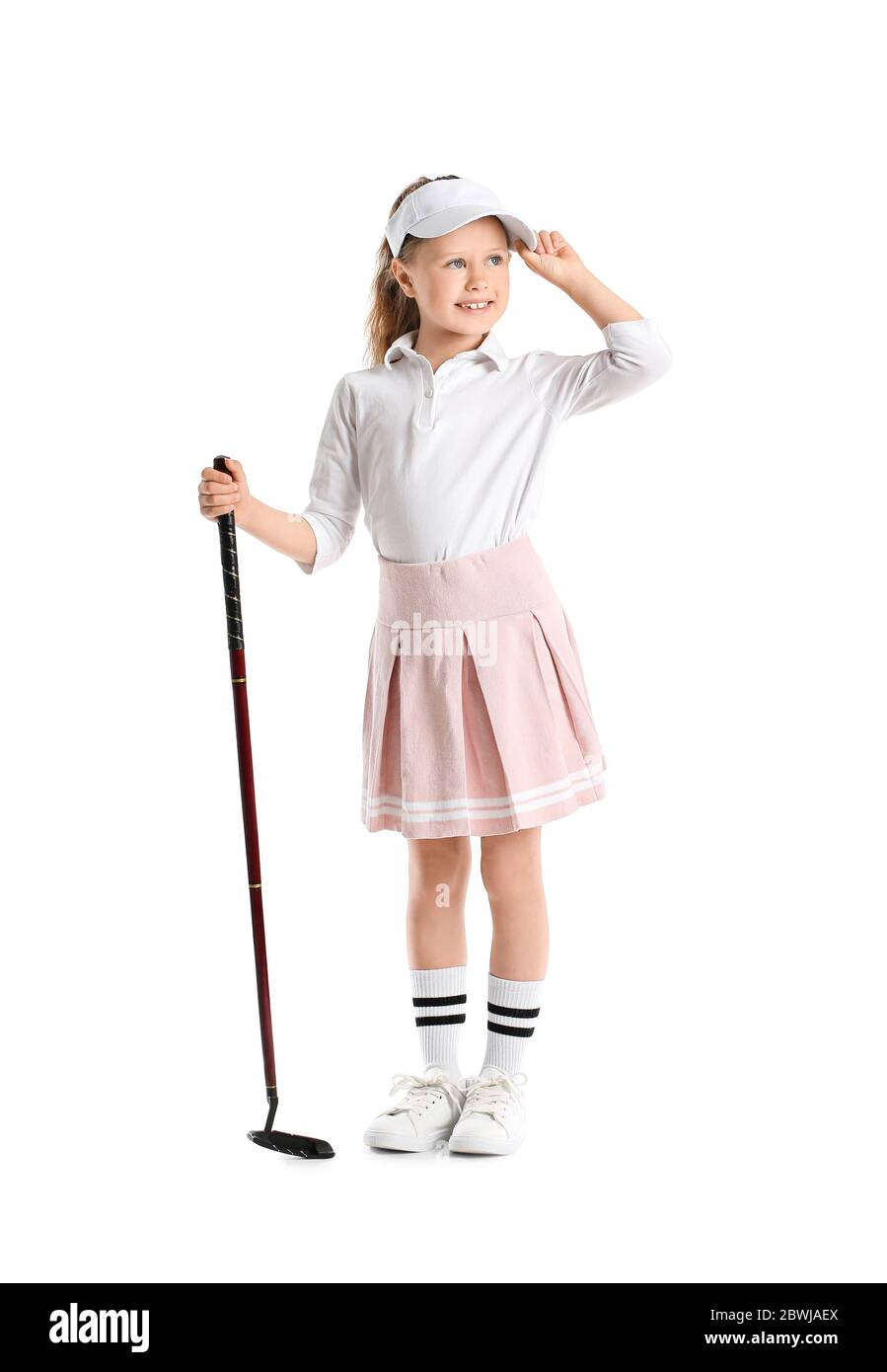 Cute little golf player on white background Stock Photo - Alamy