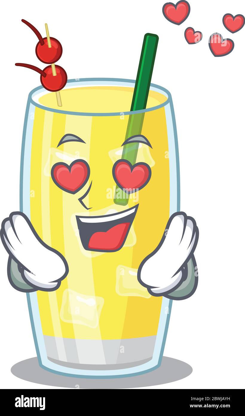 Romantic pina colada cocktail cartoon character has a falling in love ...
