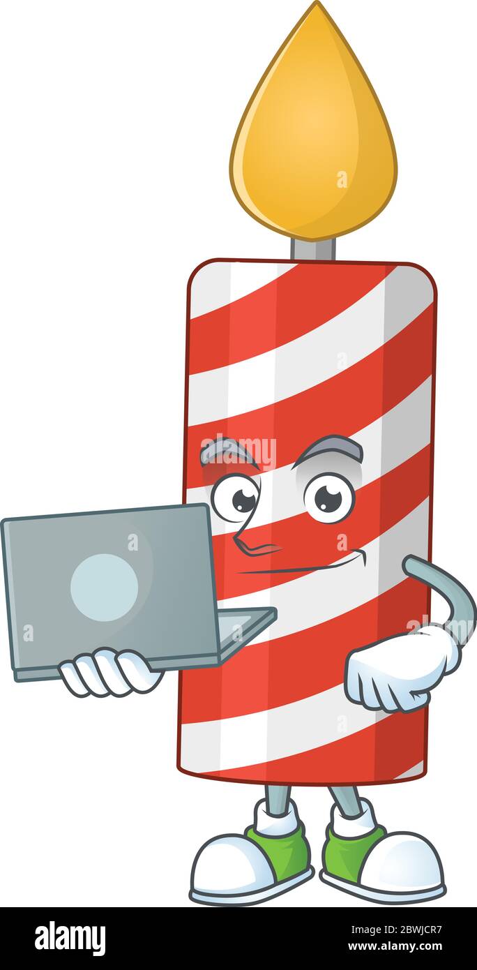 Diligent candle cartoon drawing concept working from home with laptop ...