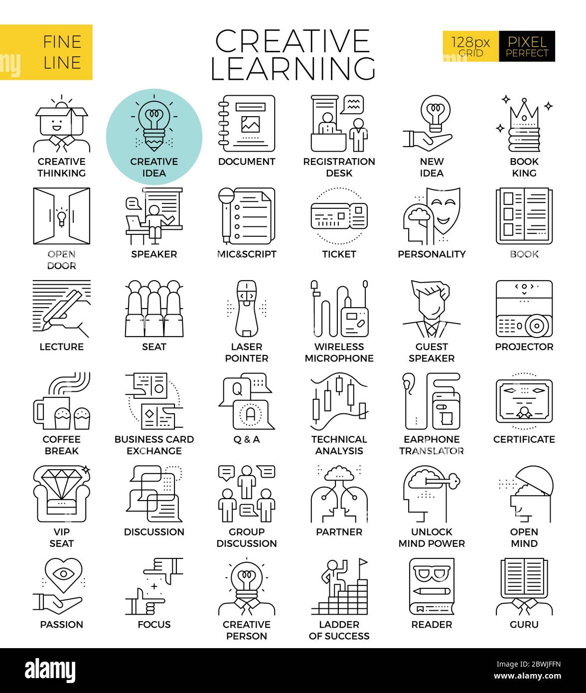 Creative learning concept detailed line icons set in modern line icon ...