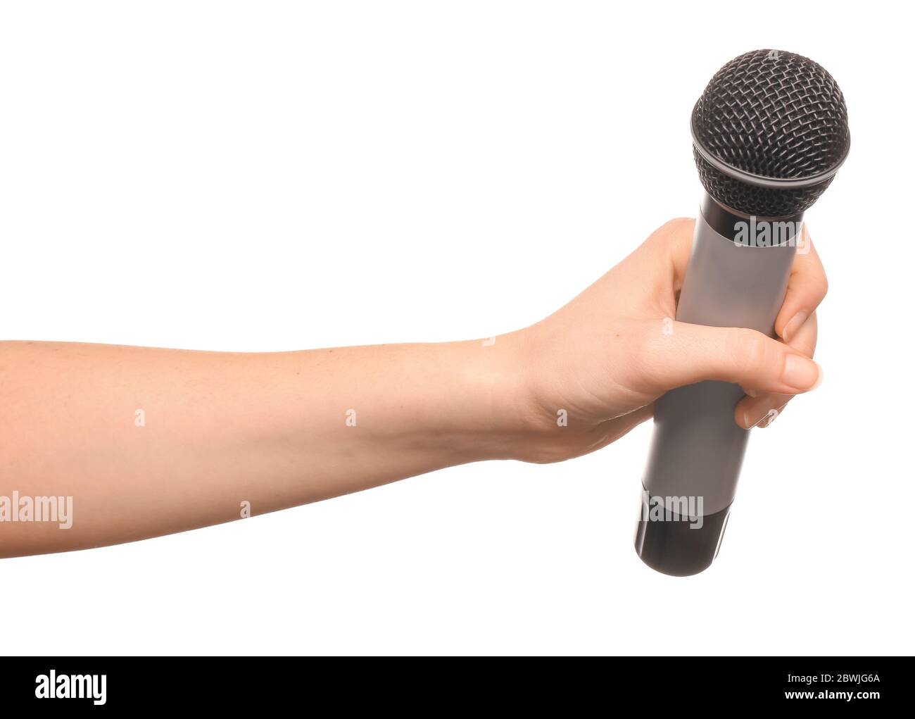 Hand with microphone on white background Stock Photo - Alamy