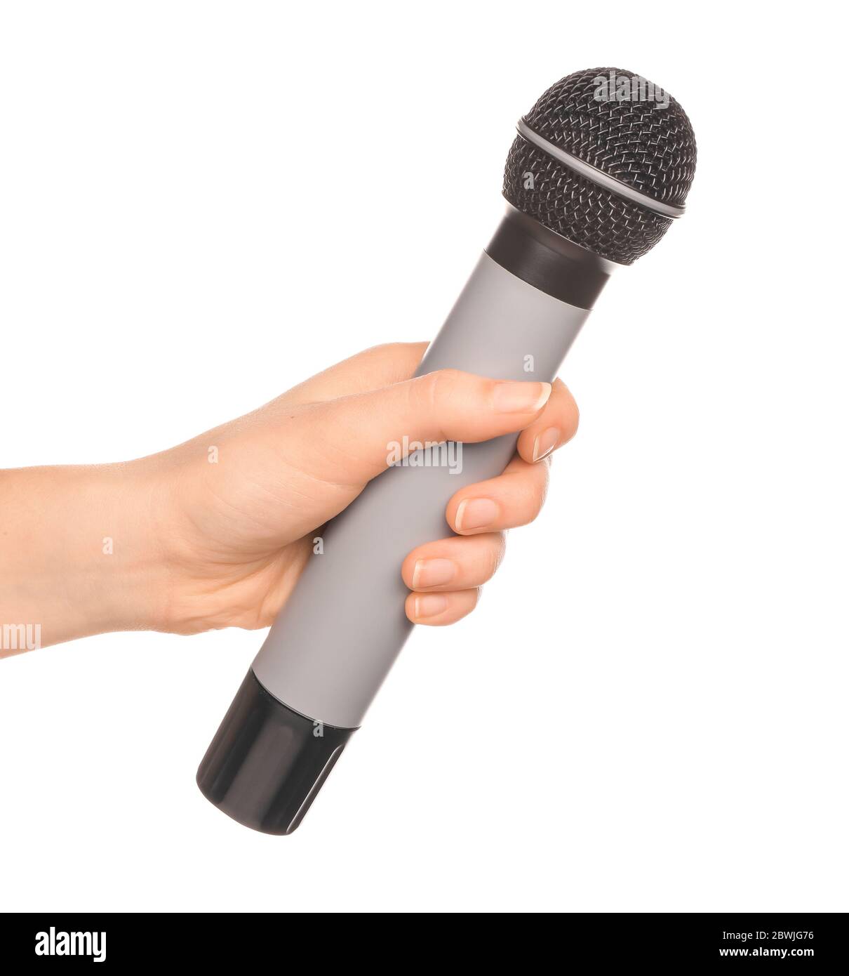 Hand with microphone on white background Stock Photo - Alamy