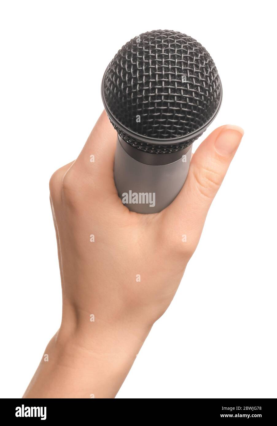 Hand with microphone on white background Stock Photo - Alamy